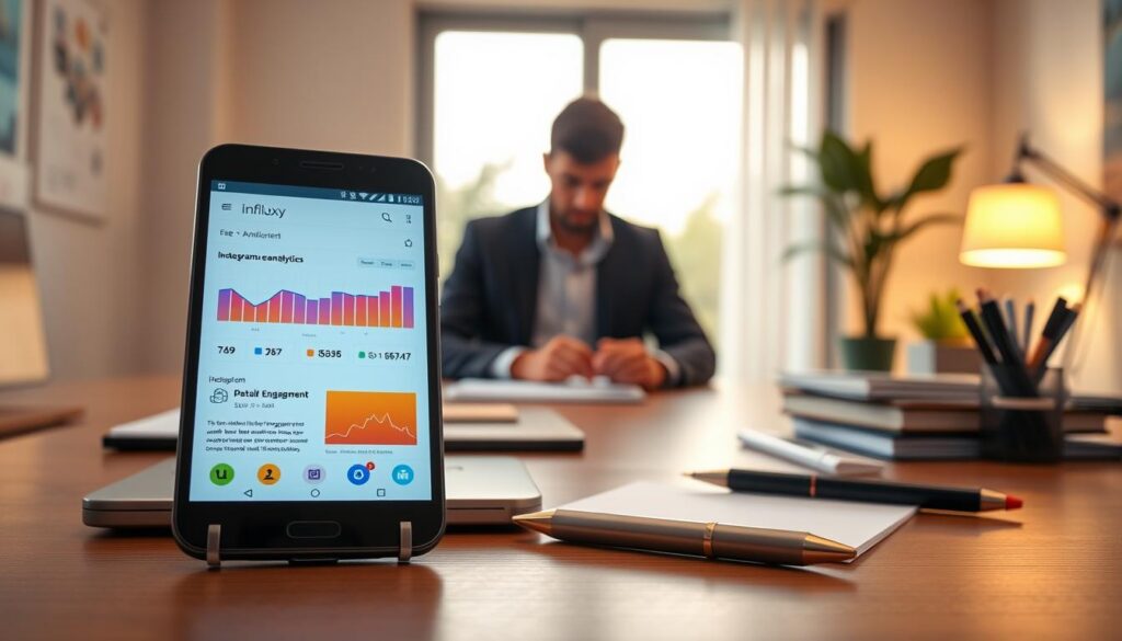 A modern Android smartphone displays the Influxy app interface on its ...